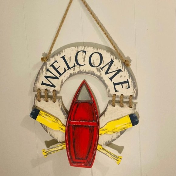 Accents | Nautical Welcome Sign With Boat Red And Yellow | Poshmark